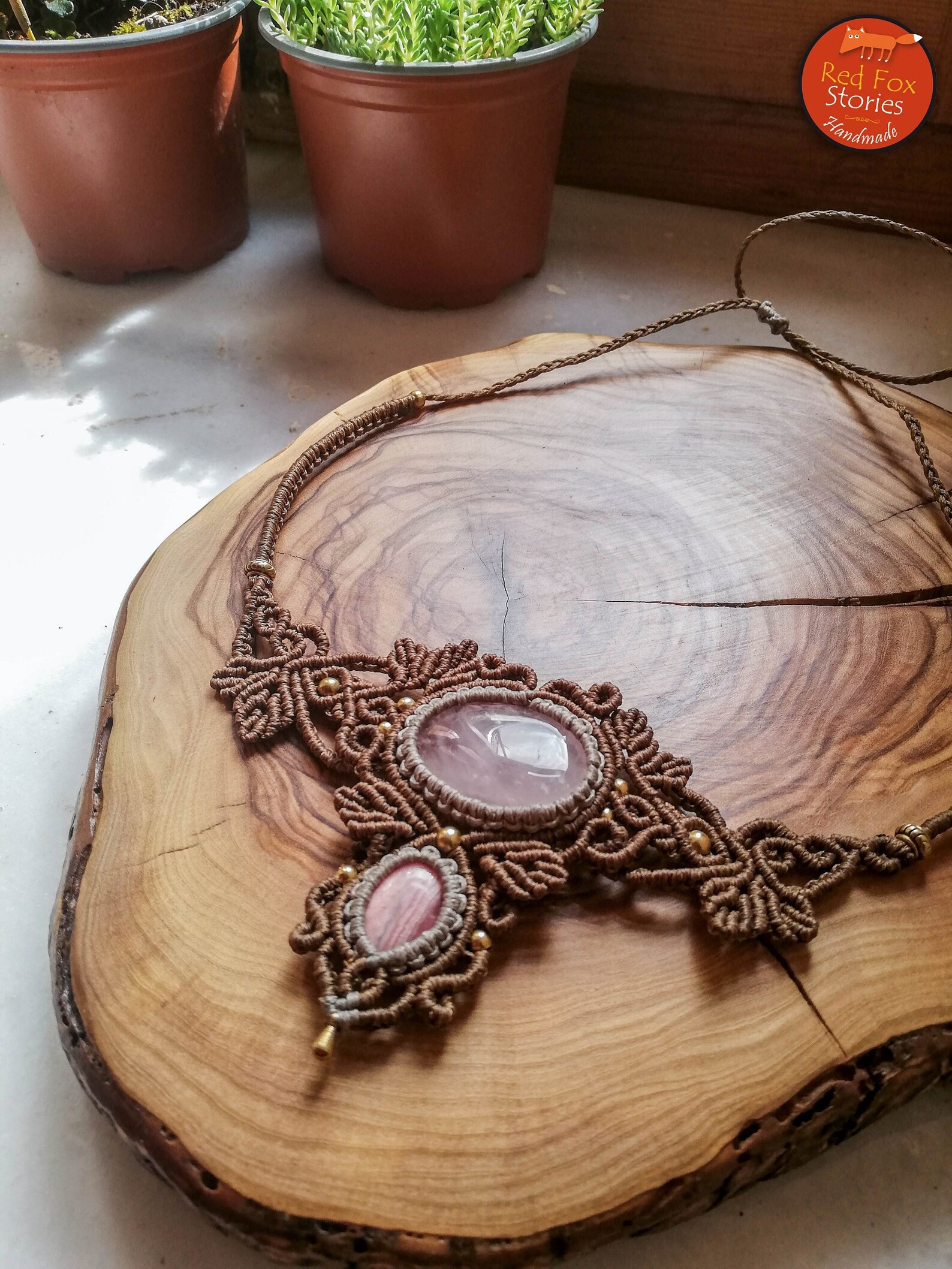 Cherry Blossom Rose Quartz & Rhodochrosite Macrame Necklace, Macrame ...