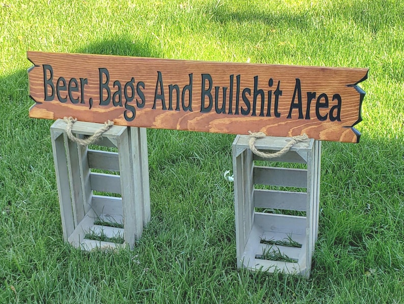 Beer, Bags and Bullshit Area Hand Carved Wooden Sign | Cornhole Bar ...