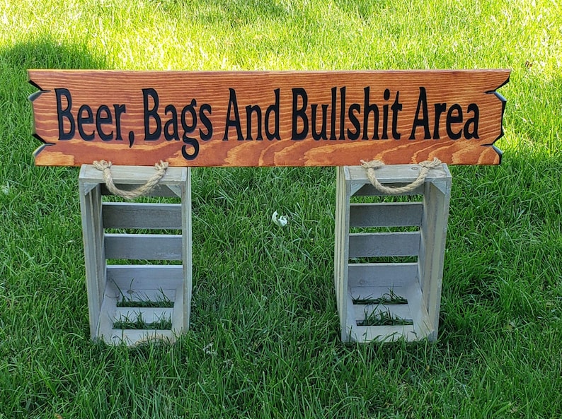 Beer, Bags and Bullshit Area Hand Carved Wooden Sign | Cornhole Bar ...