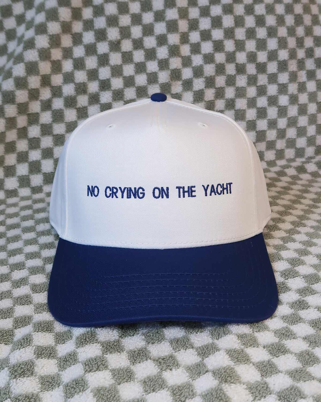 No Crying on the Yacht White & Royal Blue 5 Panel Embroidered Hat ...