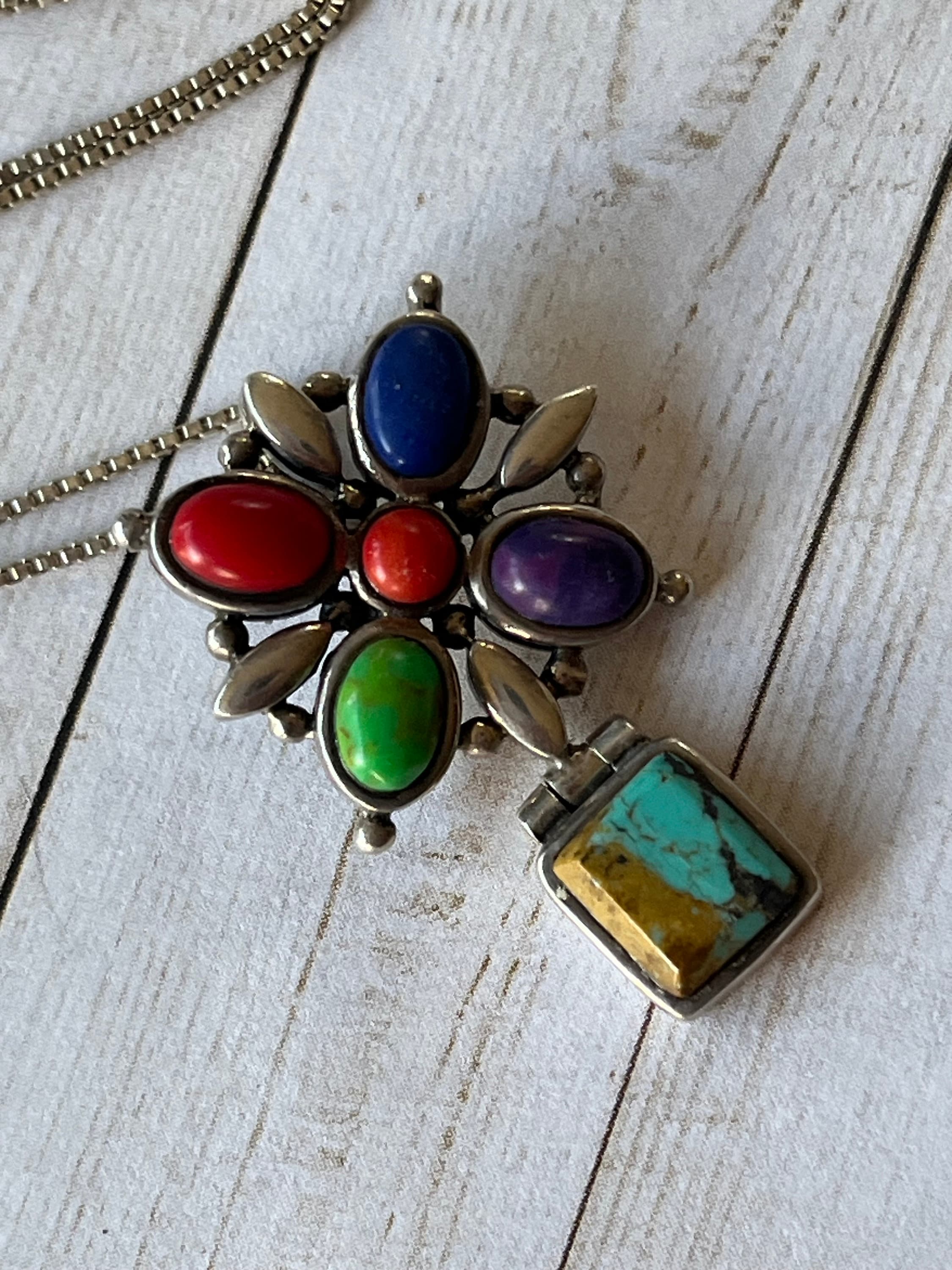 Colorful Vintage Pendant Necklace Sterling Silver Natural Gems Gift for ...
