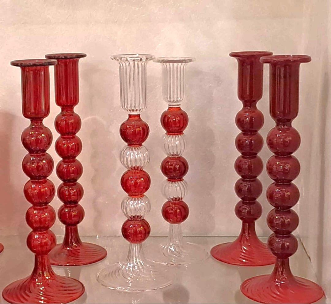 Glass Candle Holder Set of 6, Blown Glass Candle Holders, Red Glass ...
