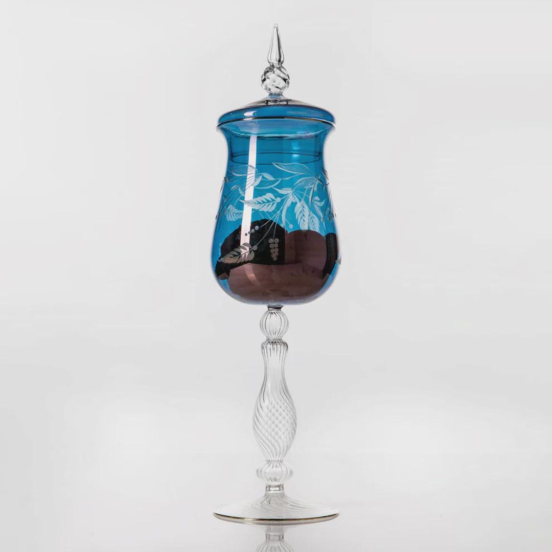 Handmade Blown Glass Candy Dish: Engraved Turquoise Candy Jar - Etsy