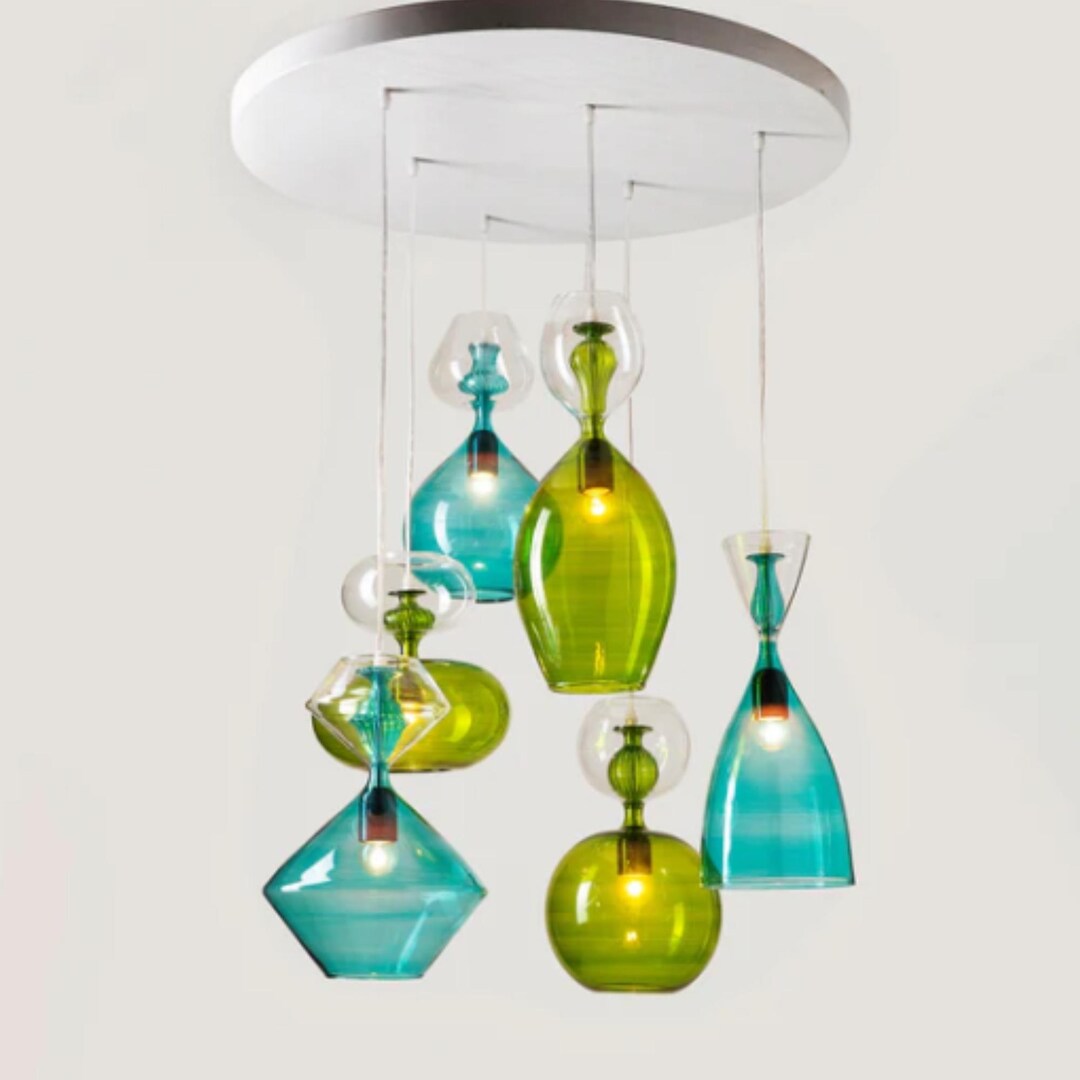 Hand Blown Glass Pendant Chandelier, Wooden Base - Etsy