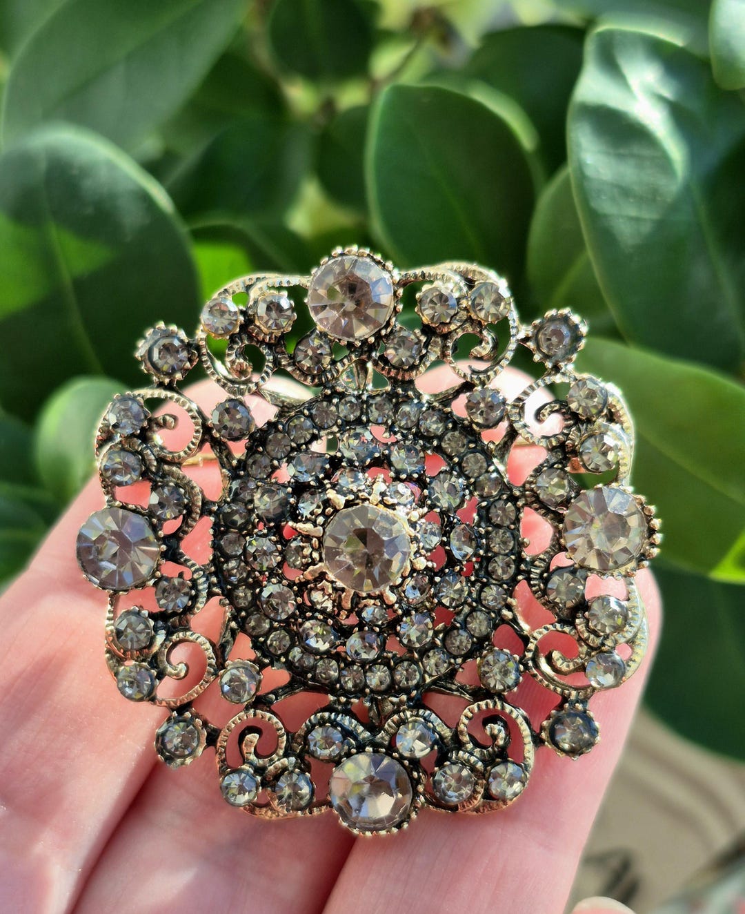 Byzantine Crystal Brooch: Filigree Round Gray Crystals Pin, Aged Dark ...