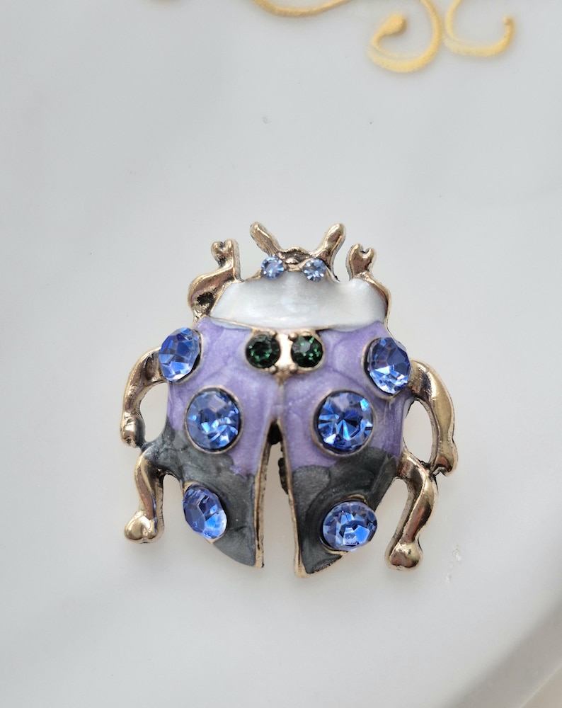 Small Bug With Blue Eyes Brooch: Purple Enamel and Crystal Ladybug ...