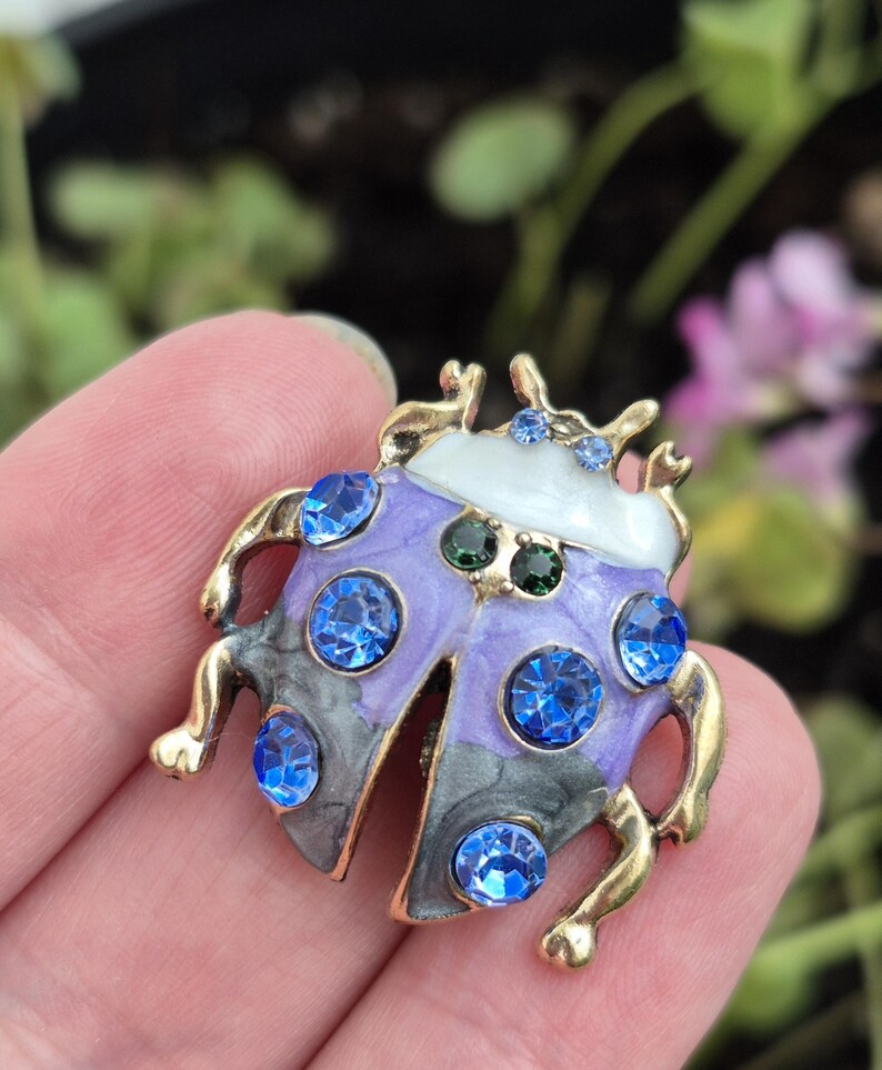 Small Bug With Blue Eyes Brooch: Purple Enamel and Crystal Ladybug ...