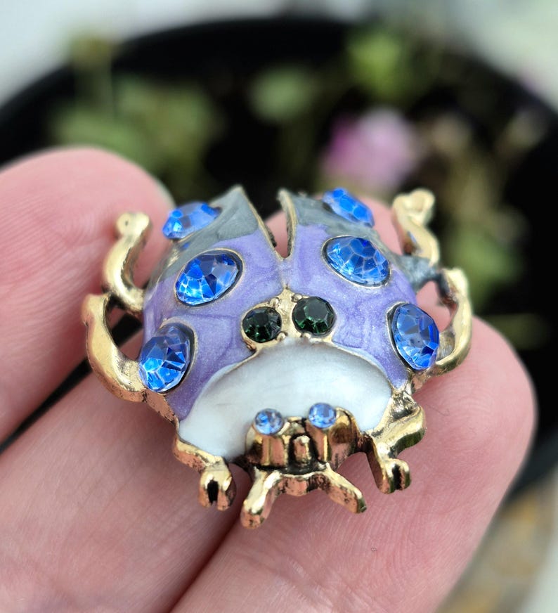 Small Bug With Blue Eyes Brooch: Purple Enamel and Crystal Ladybug ...