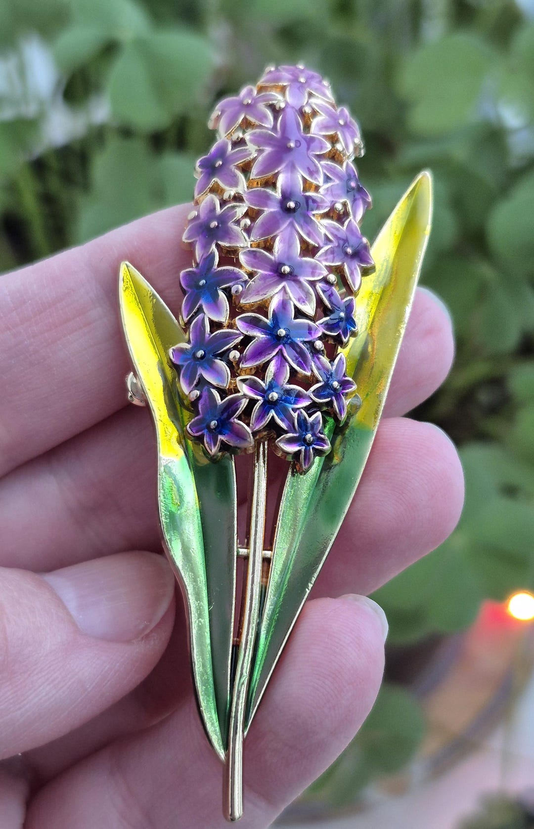 Purple Hyacinth Brooch: Vertical Lapel Pin, Gold Back and Handpainted ...