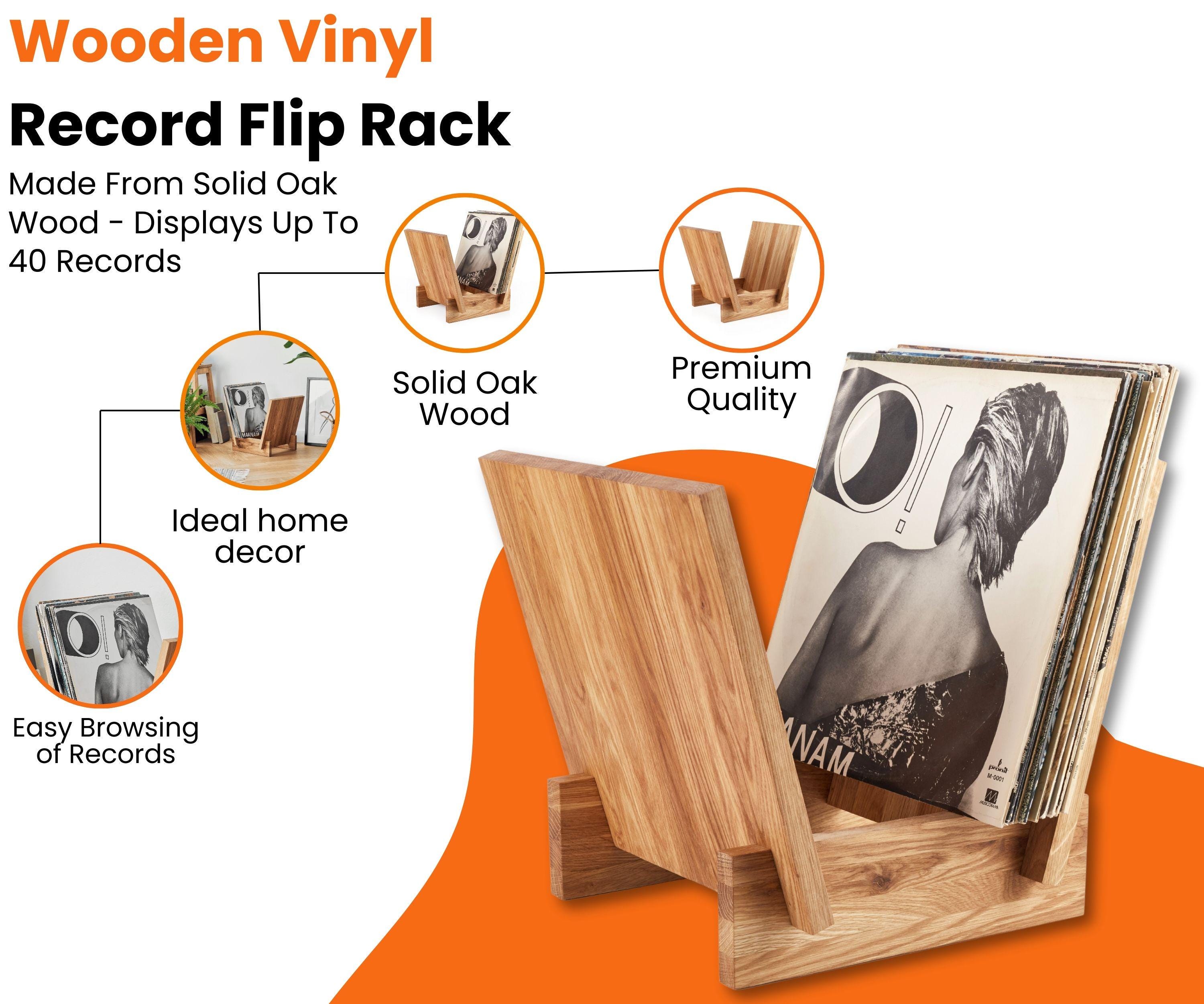 Solid Oak Wooden Vinyl Record Holder - Stylish Flip Rack for 12'' Lps ...