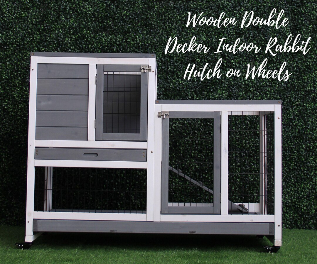 Wooden Double Decker Indoor Rabbit Hutch on Wheels Gray 2-tier Guinea ...