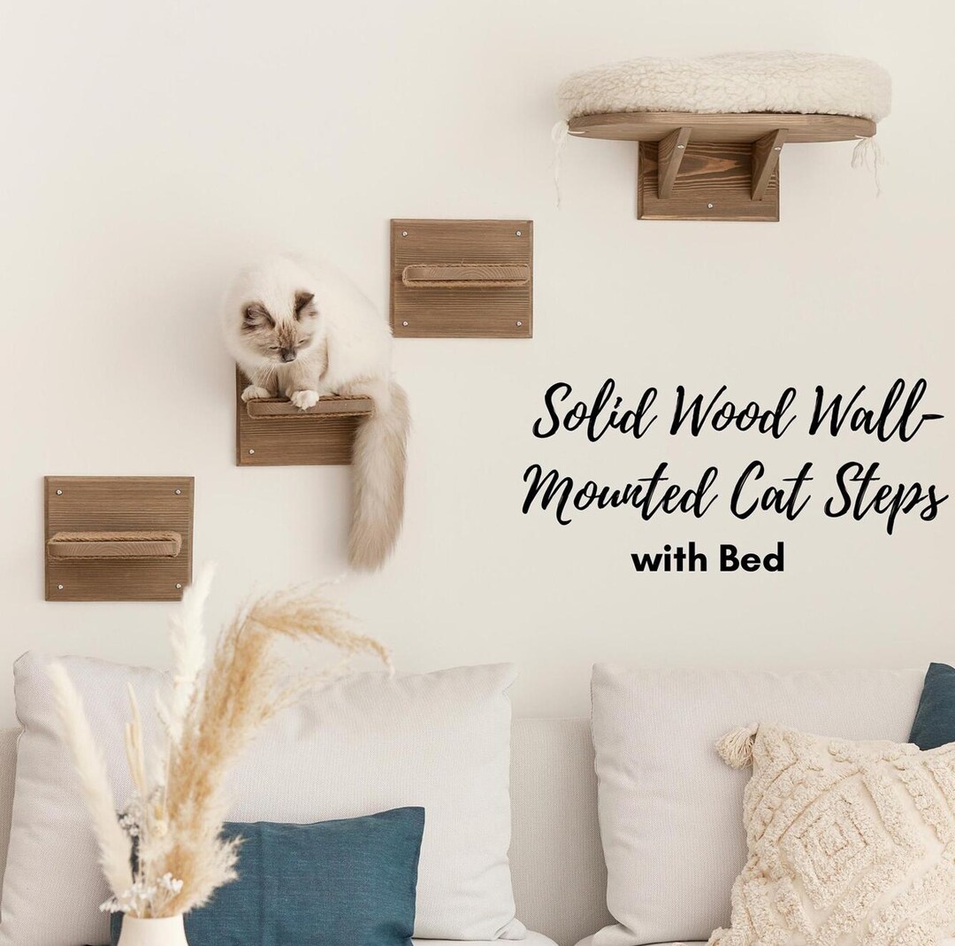 Solid Wood Wall-mounted Cat Steps With Bed – Durable Wooden Cat Shelves ...