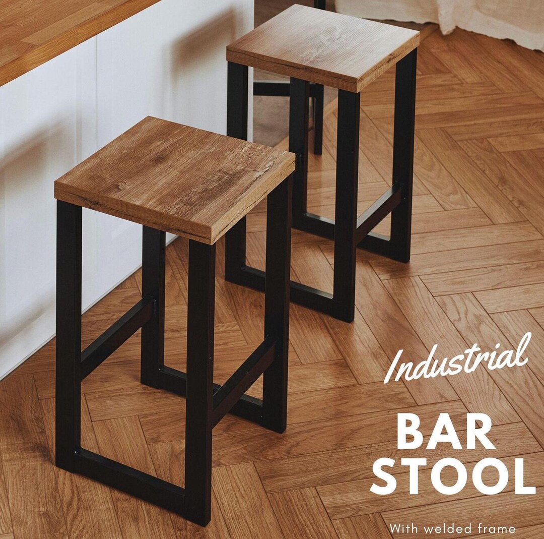 Industrial Bar Stool With Footrest 60cm Black Metal Frame & Rustic ...