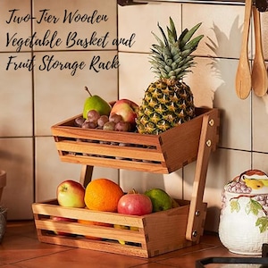 Two-tier Wooden Vegetable Basket and Fruit Storage Rack - Free-standing ...