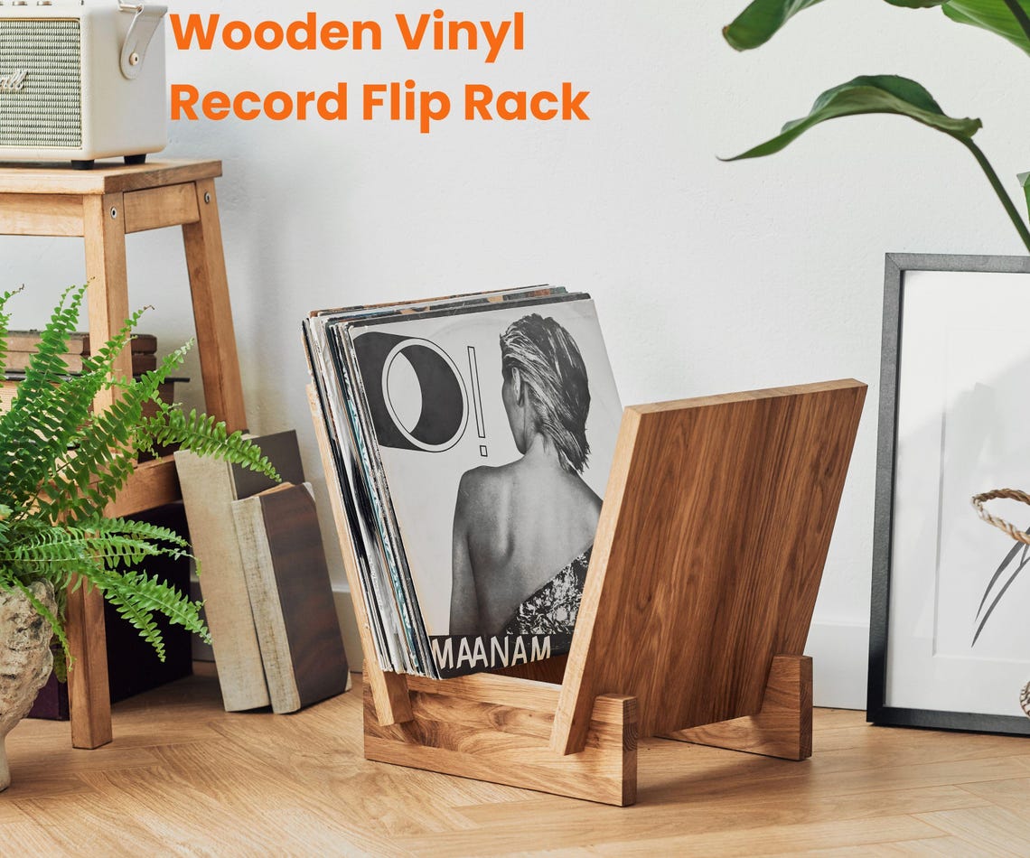 Solid Oak Wooden Vinyl Record Holder - Stylish Flip Rack for 12'' Lps ...