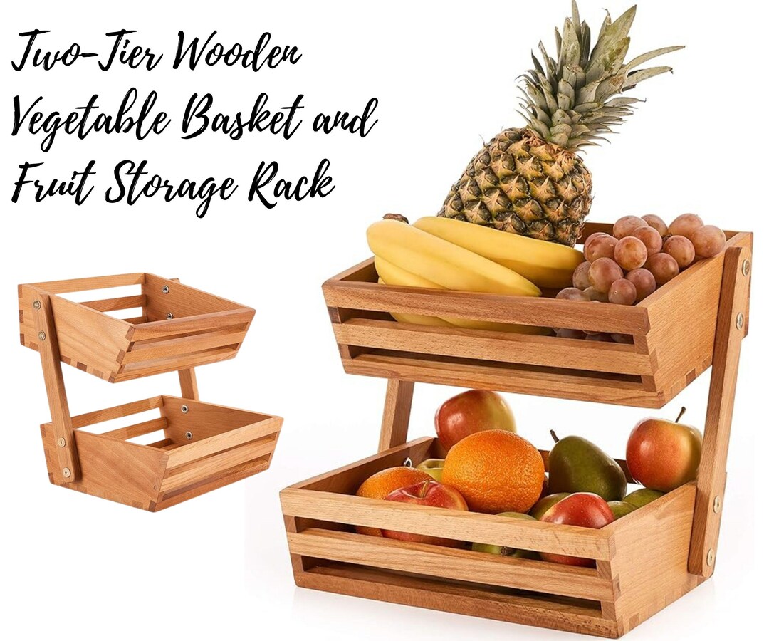 Two-tier Wooden Vegetable Basket and Fruit Storage Rack Free-standing ...