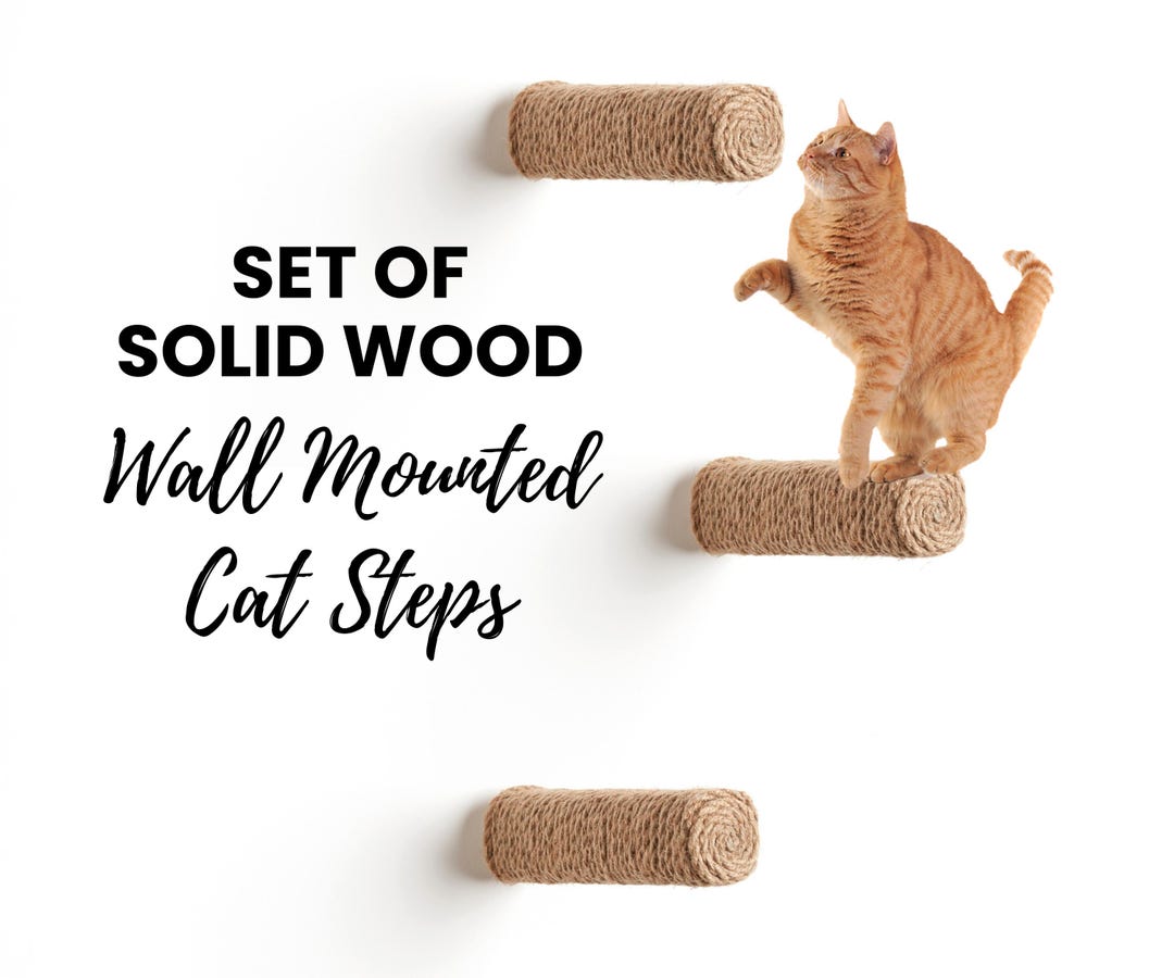 Set of Solid Wood Wall Mounted Cat Steps – Durable Round Wooden Cat ...