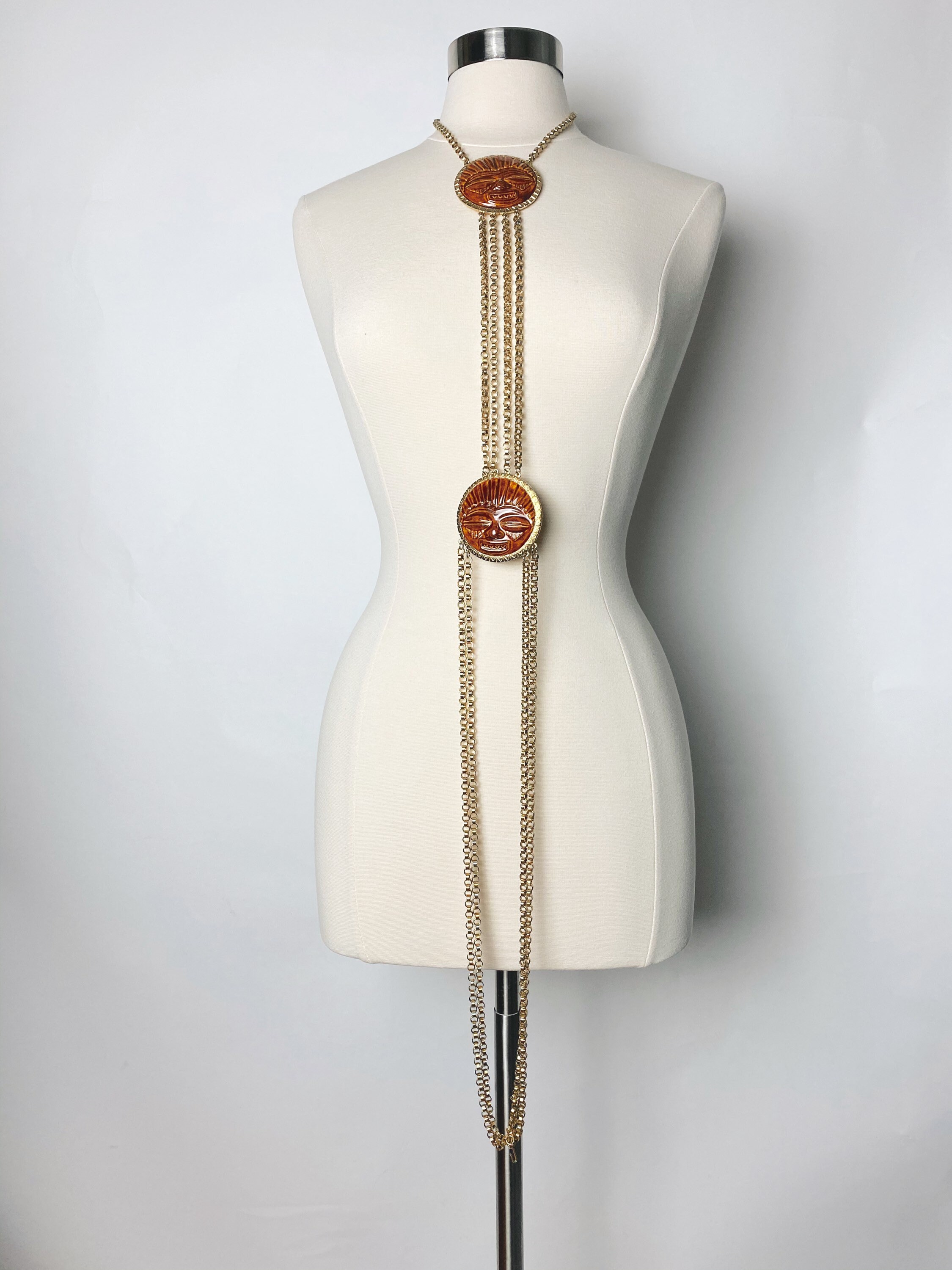 Vintage Ceramic Faces in Brown Glaze Body Chain, Gold Tone Chains, Belt ...