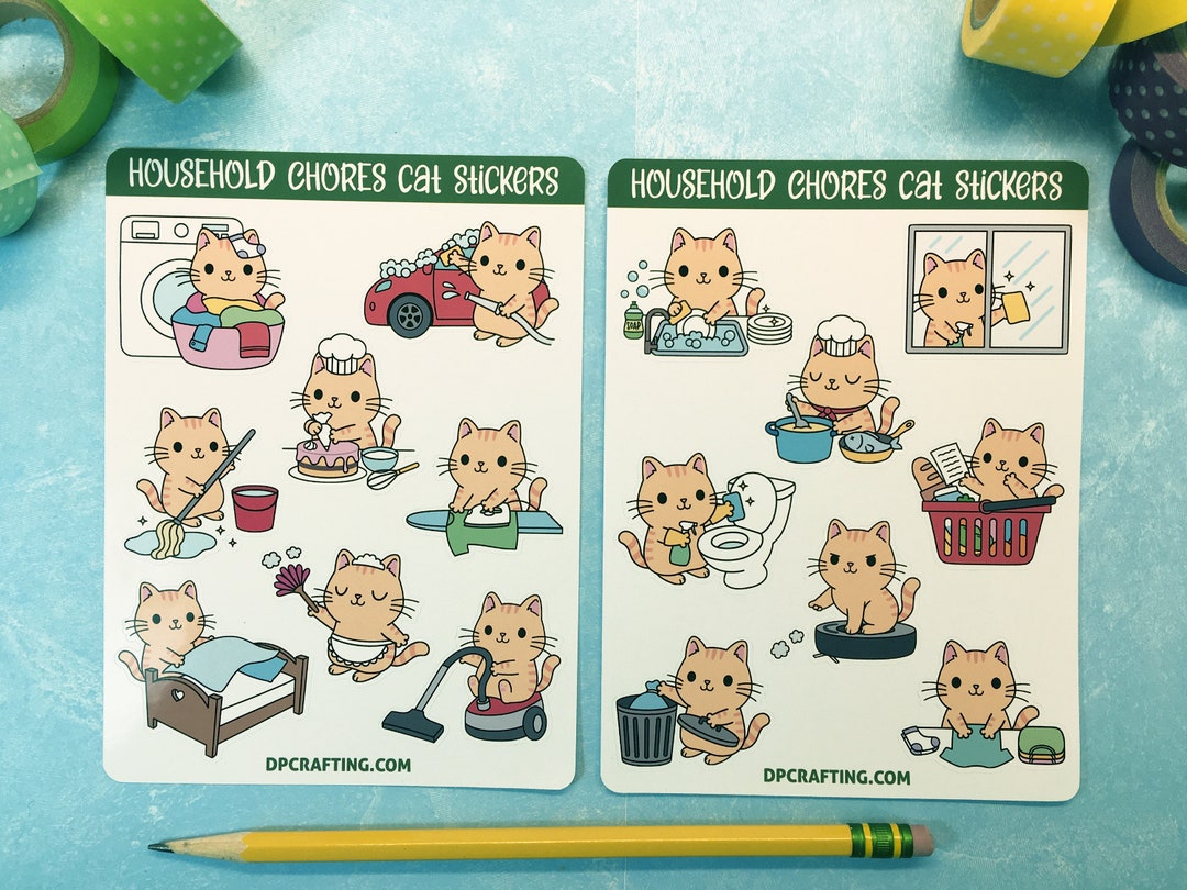 Household Chores Kawaii Cat Stickers, Sticker Sheets, Funny Cats ...