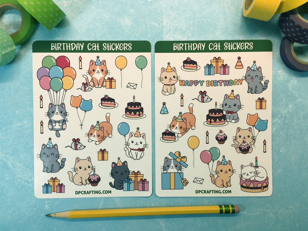 Kawaii Birthday Cats Stickers, Sticker Sheets, Kawaii Stickers, Planner ...