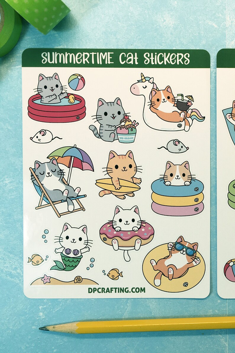 Kawaii Summertime Cat Stickers Sticker Sheets Kawaii - Etsy