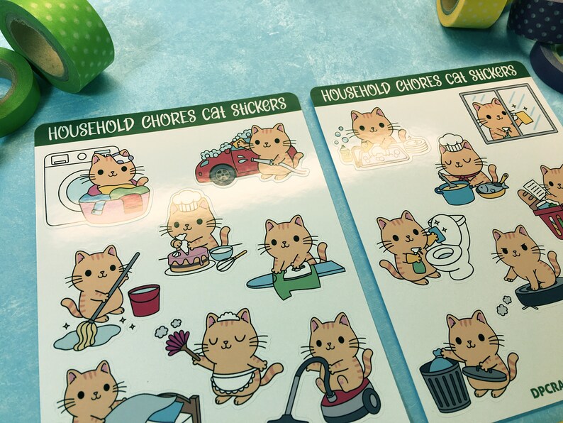 Household Chores Kawaii Cat Stickers, Sticker Sheets, Funny Cats ...