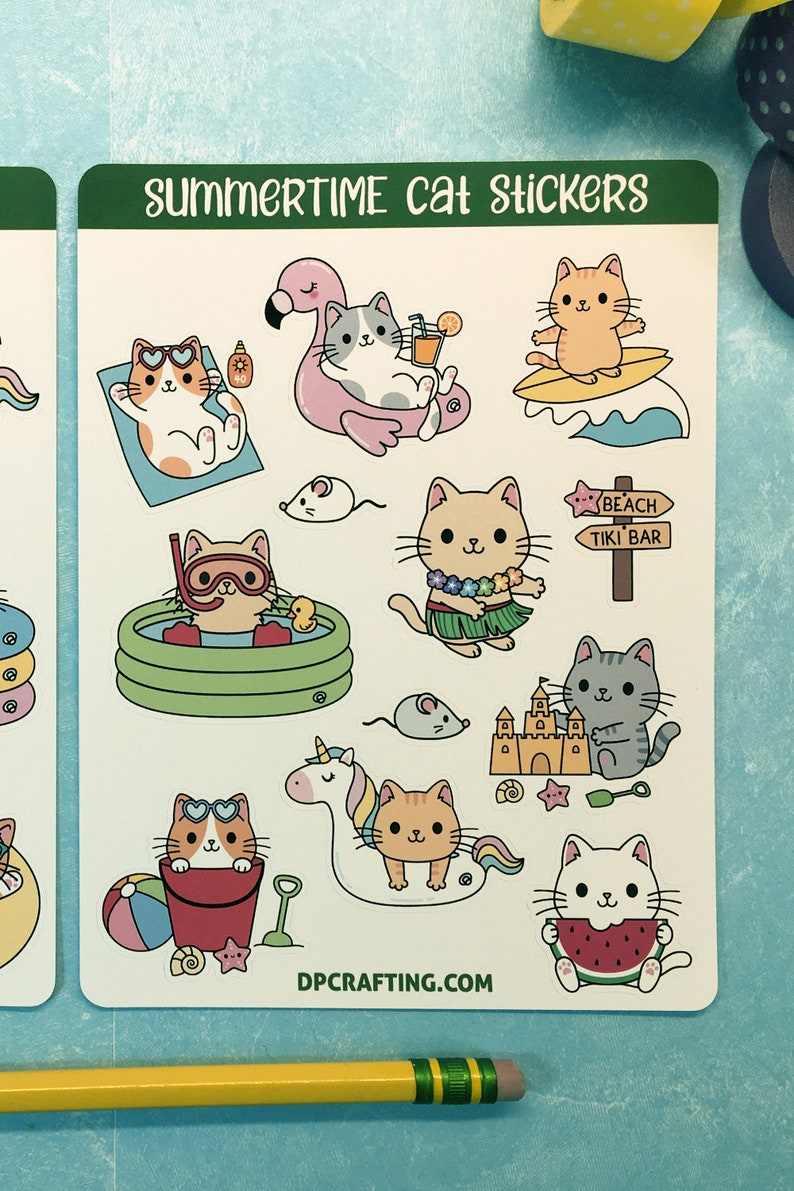 Kawaii Summertime Cat Stickers, Sticker Sheets, Kawaii Stickers ...