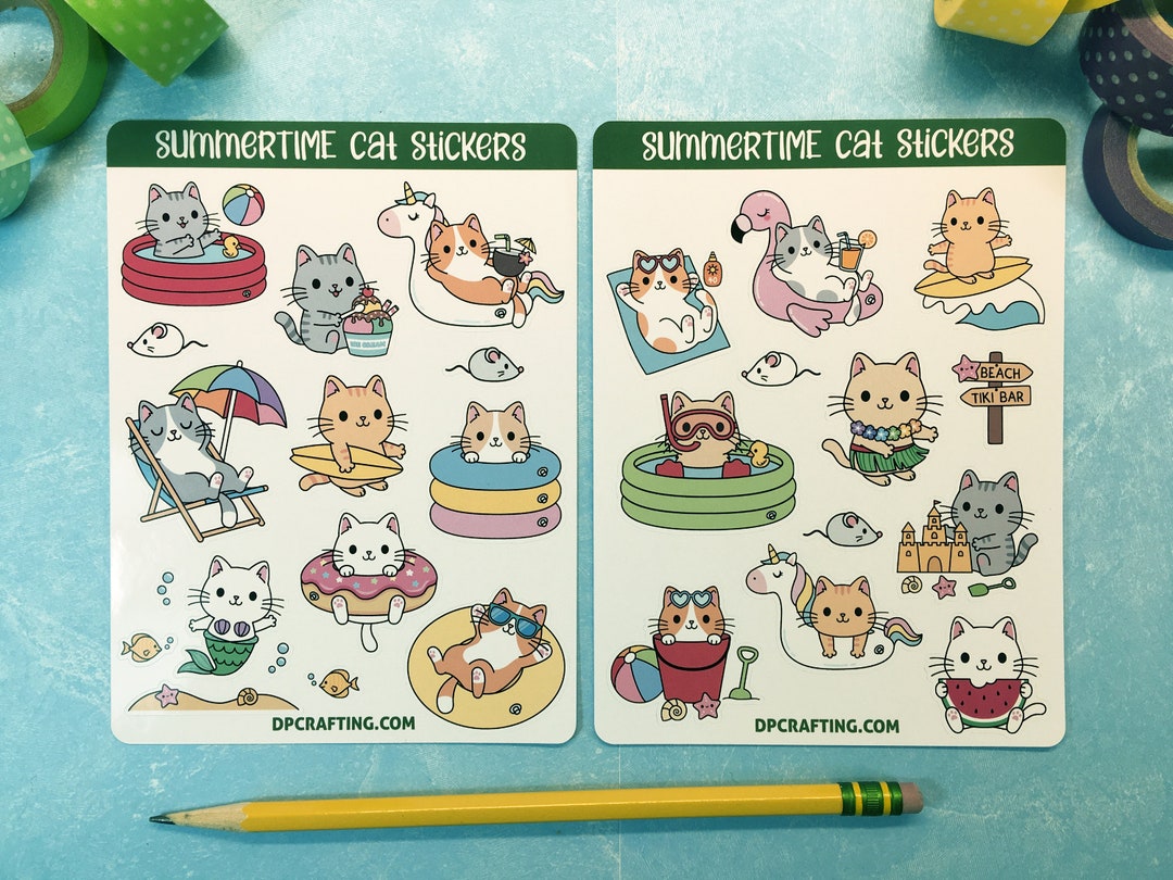 Kawaii Summertime Cat Stickers, Sticker Sheets, Kawaii Stickers ...