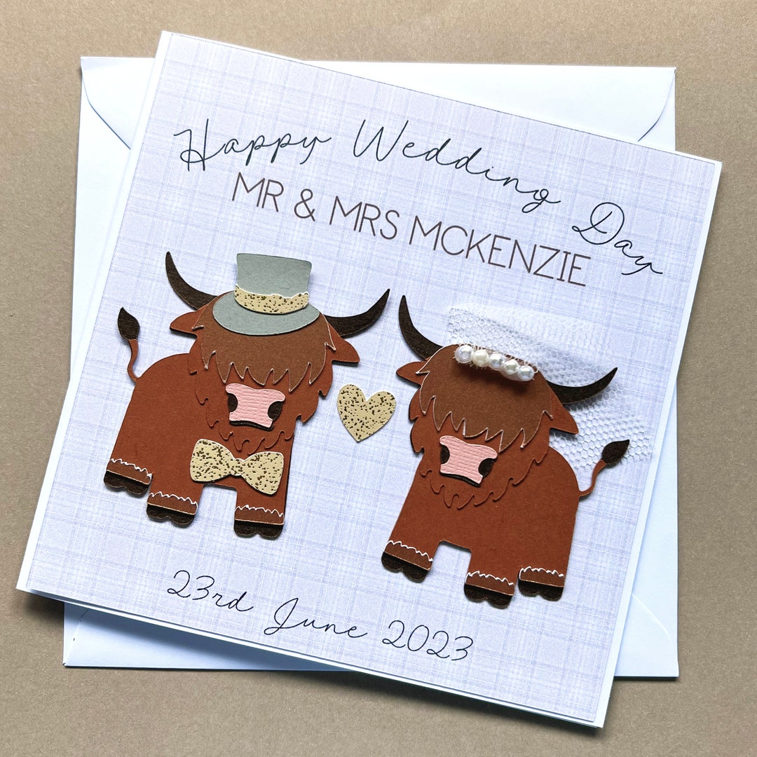 Personalised Highland Cow Themed 3D Wedding Card Scottish Wedding ...