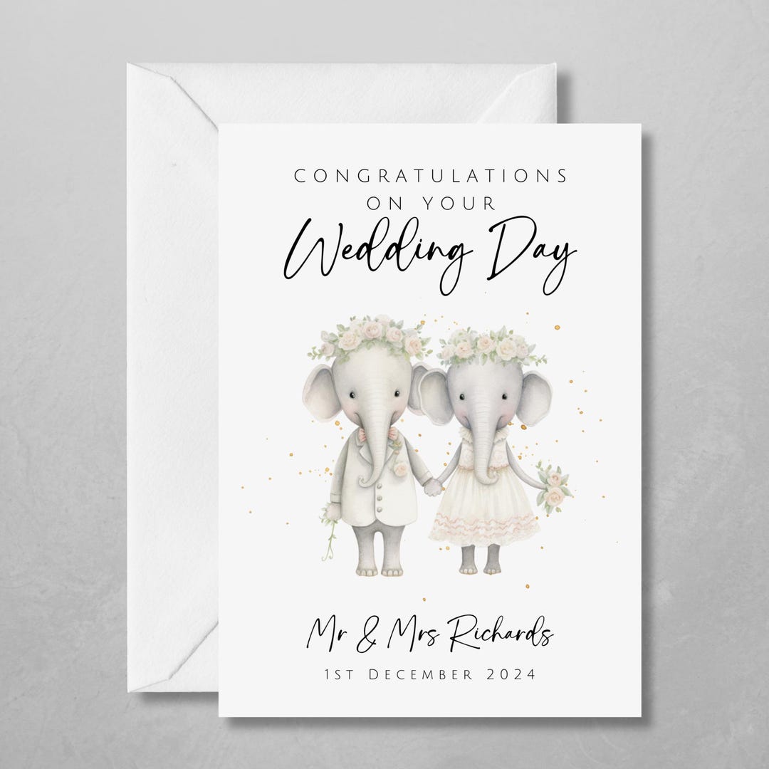 Personalised Elephant Wedding Card | Animal Bride and Groom | Cute ...