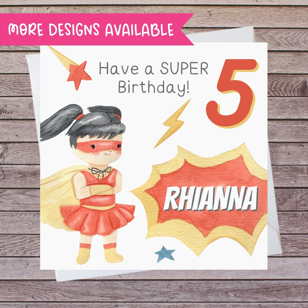 Personalised Superhero Birthday Card for Girls Custom Child's Greeting ...