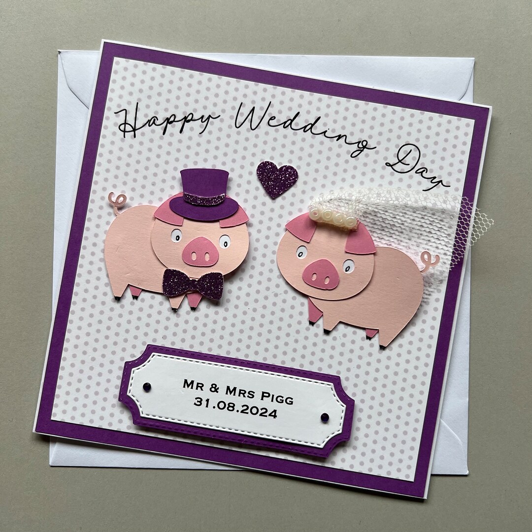 Personalised Pig Wedding Card With Cute Pink Piggies Purple Theme for ...