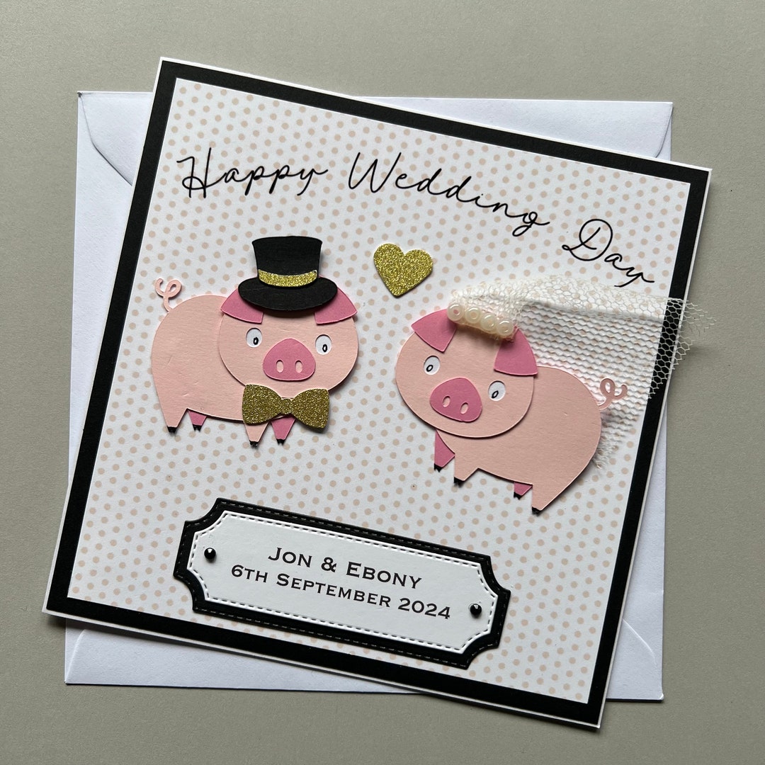 Personalised Pig Wedding Card With Cute Pink Piggies Black and Gold ...