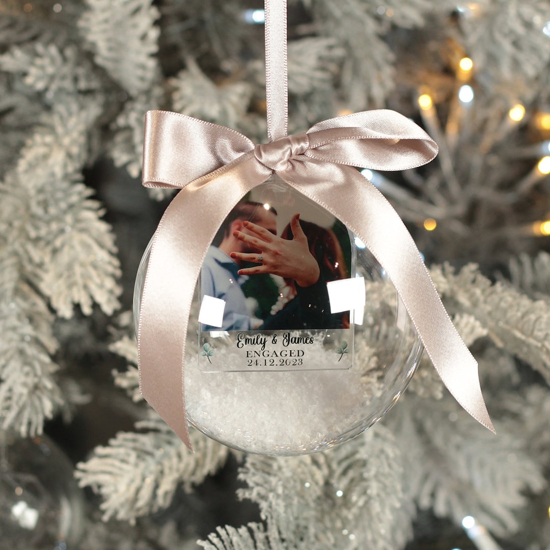 First Christmas Engaged Photo Snowy Acrylic Christmas Tree Bauble ...