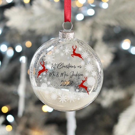 Personalised Reindeer Wreath 1st Christmas Married Glitter Glass Christmas Tree Bauble Ornament Etsy UK
