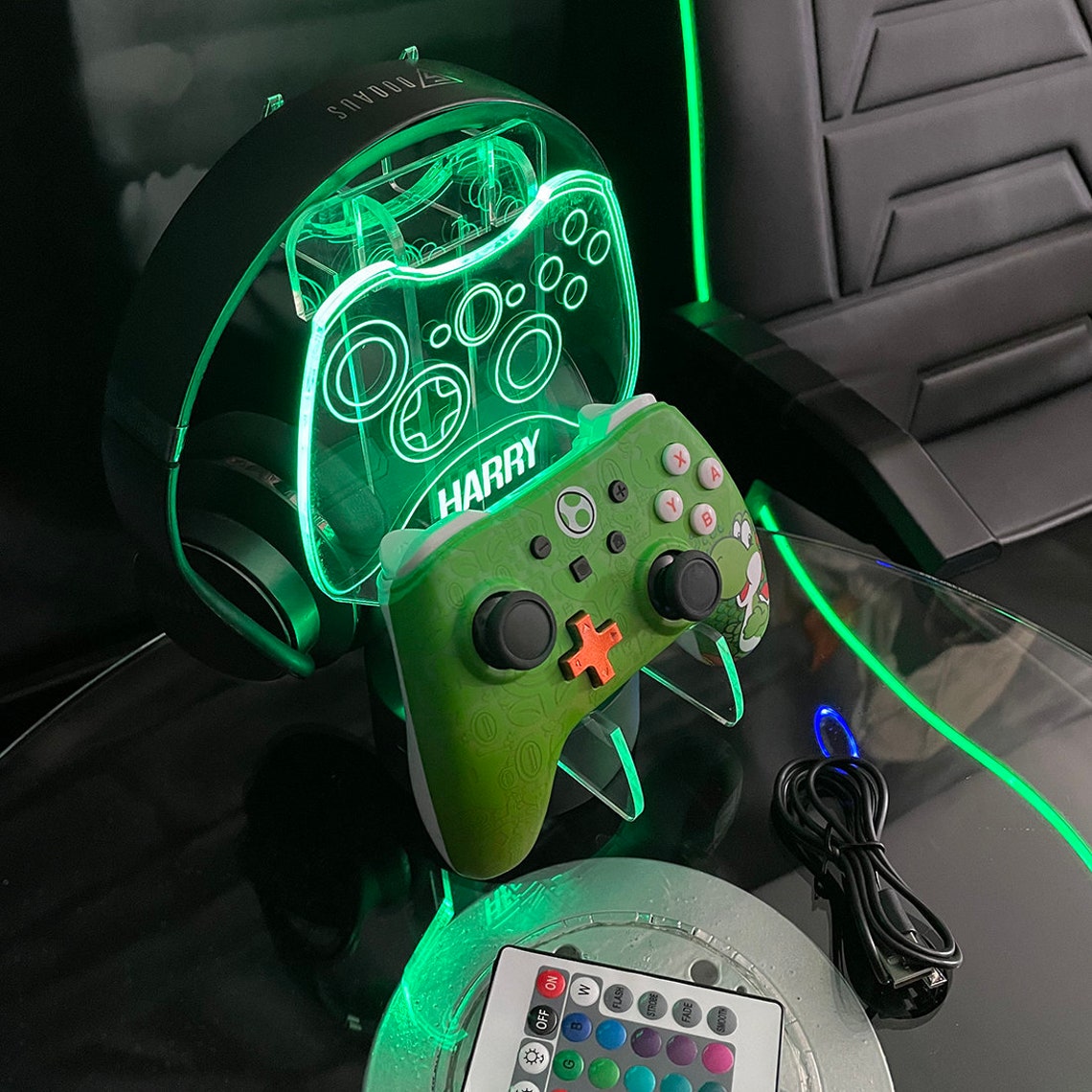 Personalised Neon Green Controller and Headset Gaming Station | Etsy UK