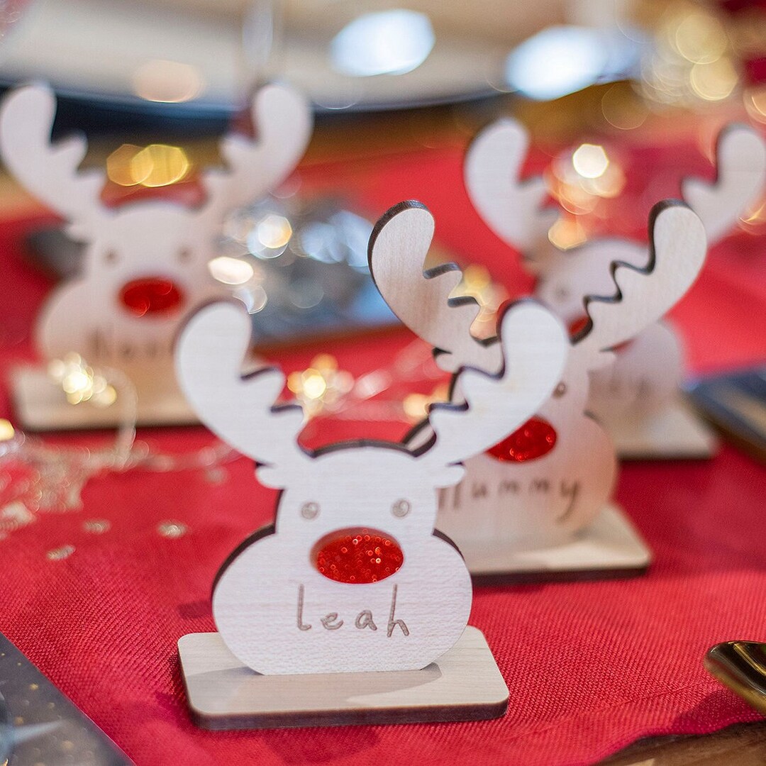 Freestanding Reindeer Rudolph Glitter Nose Christmas Table Place Name ...