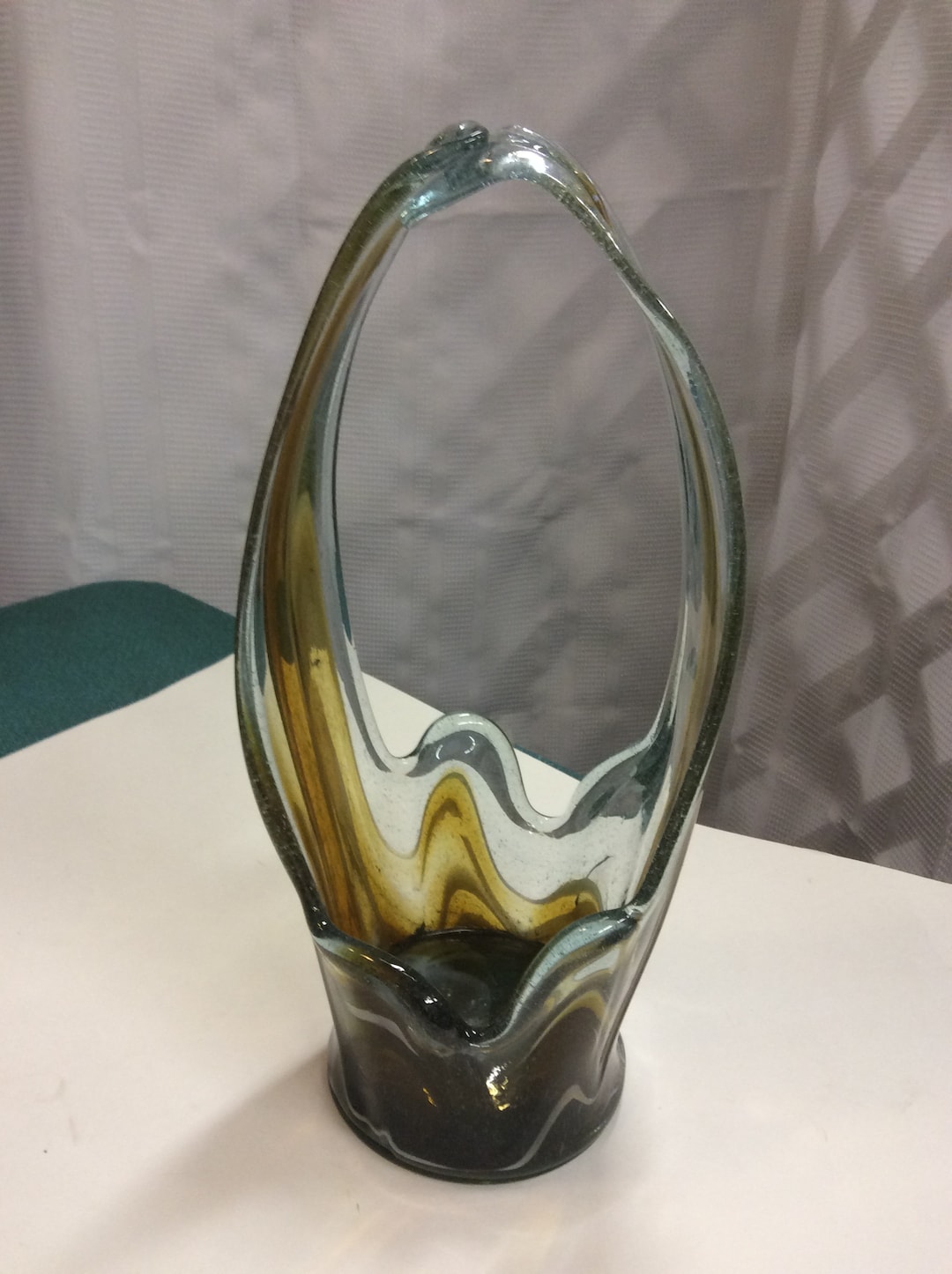 Hand Blown - Hand Made - Hand Stretched Tall Glass Handled Basket Amber ...