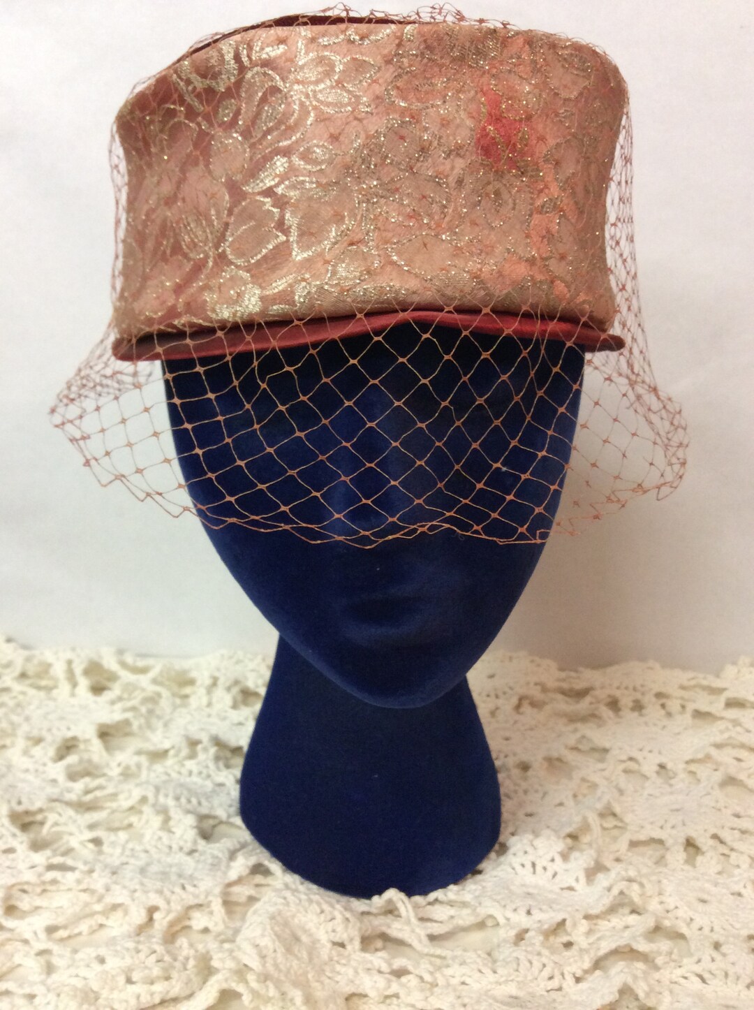 Pill Box Hat With Lace Veil - Satin, Silk, Burgundy and Gold - (NBPE ...