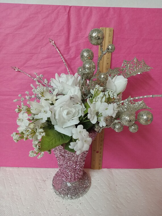 Repurposed Glass Vase White Roses & Silver Accents - Etsy