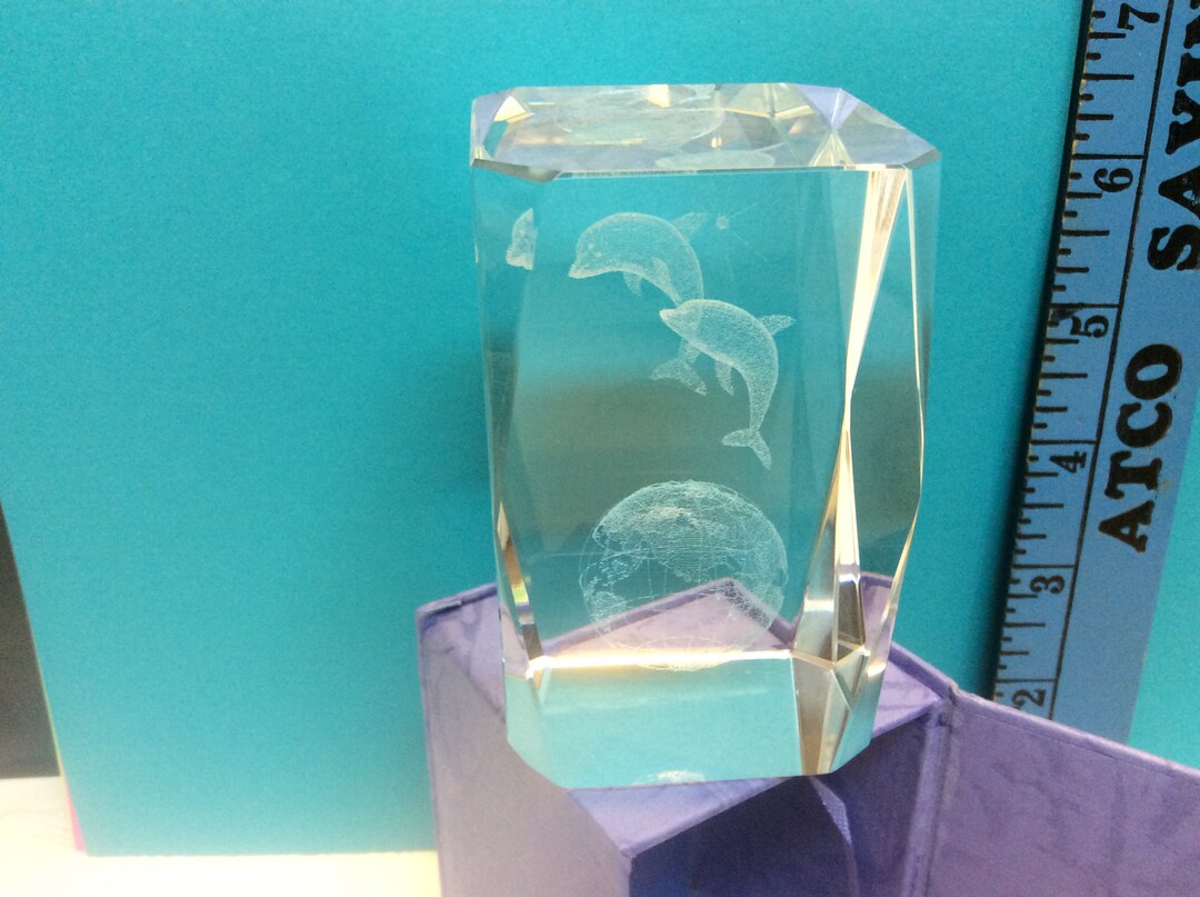 Crystal Lazer Etched 3D Dolphins Over the World Paperweight - W ...