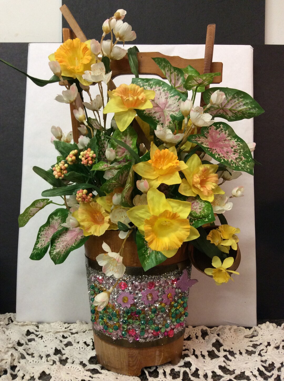 Repurposed Asian Water Bucket Silk Flower Arrangement - Daffodils and ...