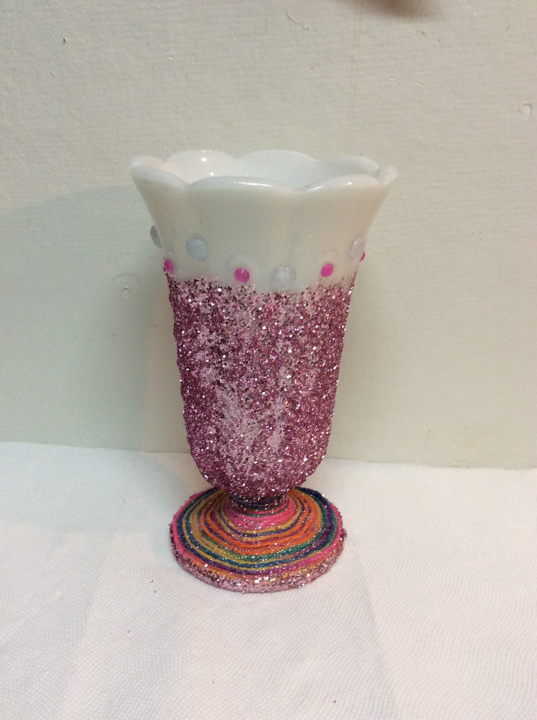 Upcycled White Glass Vase: Pink Glitter Rainbow Decor - Etsy