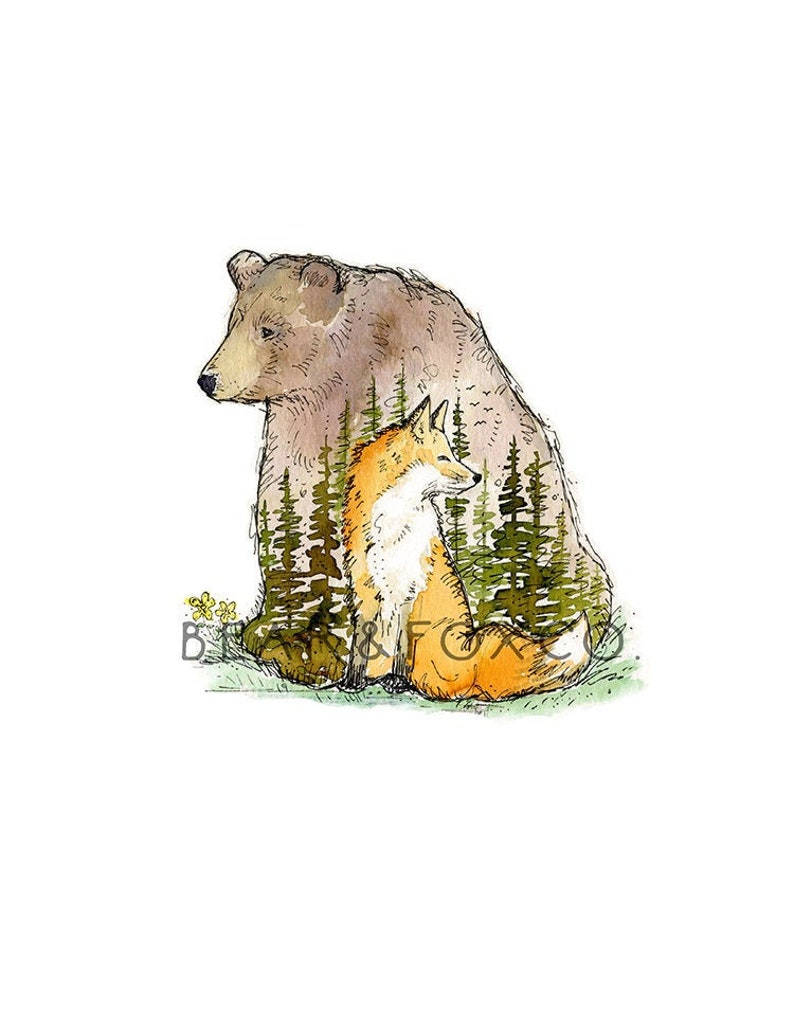 Bear and Fox Watercolor Print, Nursery Animal Art - Etsy