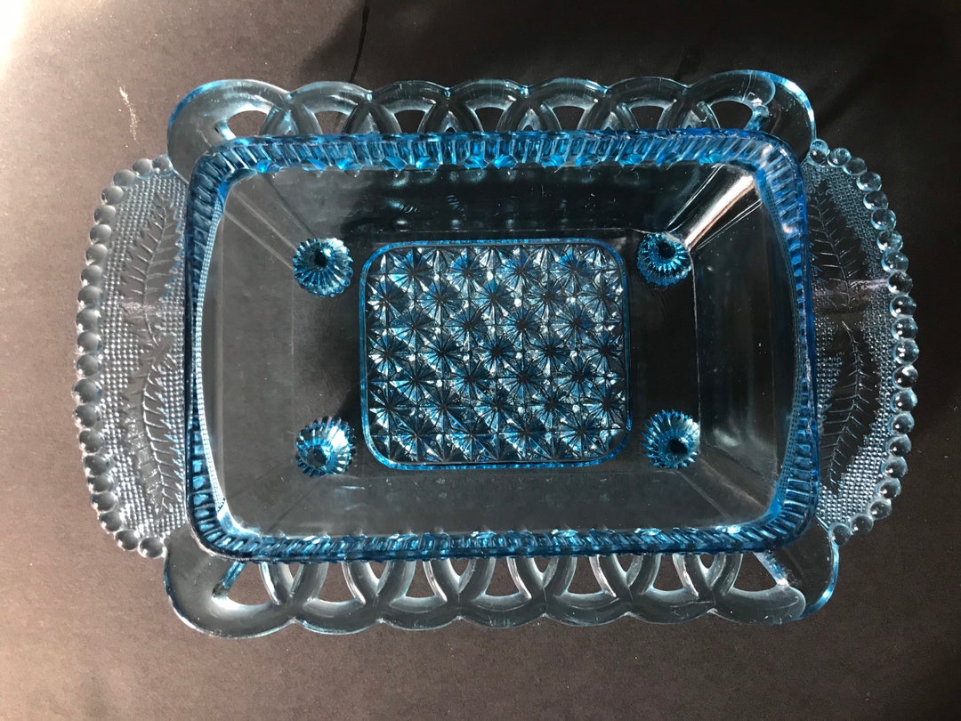 Antique EAPG Blue Glass Footed Tray Lattice Sides - Etsy