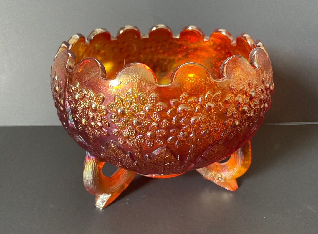 Vintage Fenton Ruby Iridescent Leaf and Orange Footed Bowl - Etsy