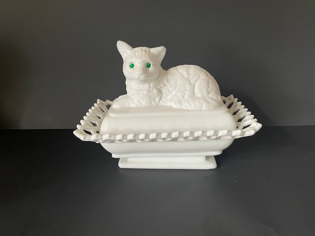 Antique Milk Glass Cat in a Basket Lattice Rimmed Lidded Dish - Etsy