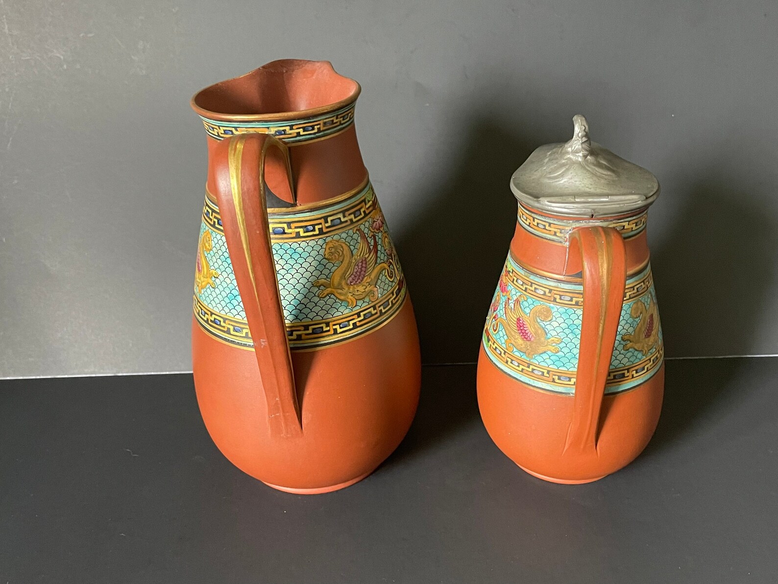 2 Antique F and R Pratt Fenton Pottery Terra Cotta Watcombe Pitchers - Etsy