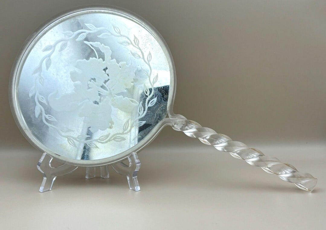 VTG Lucite Hand Mirror Etched Floral Design-double Sided Twisted Handle ...