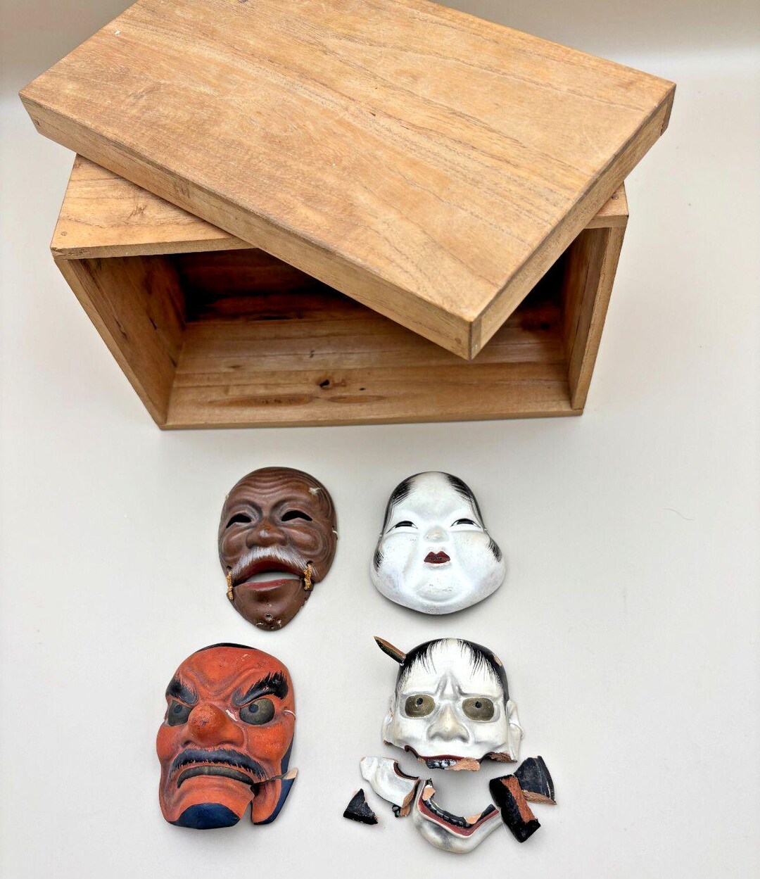 2 Japanese Mask Lot Noh Porcelain Demon, Elderly, Woman Vintage 1940's ...